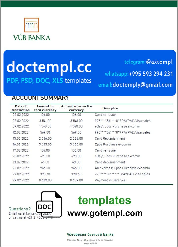 Slovakia VUB bank statement template in Word and PDF format