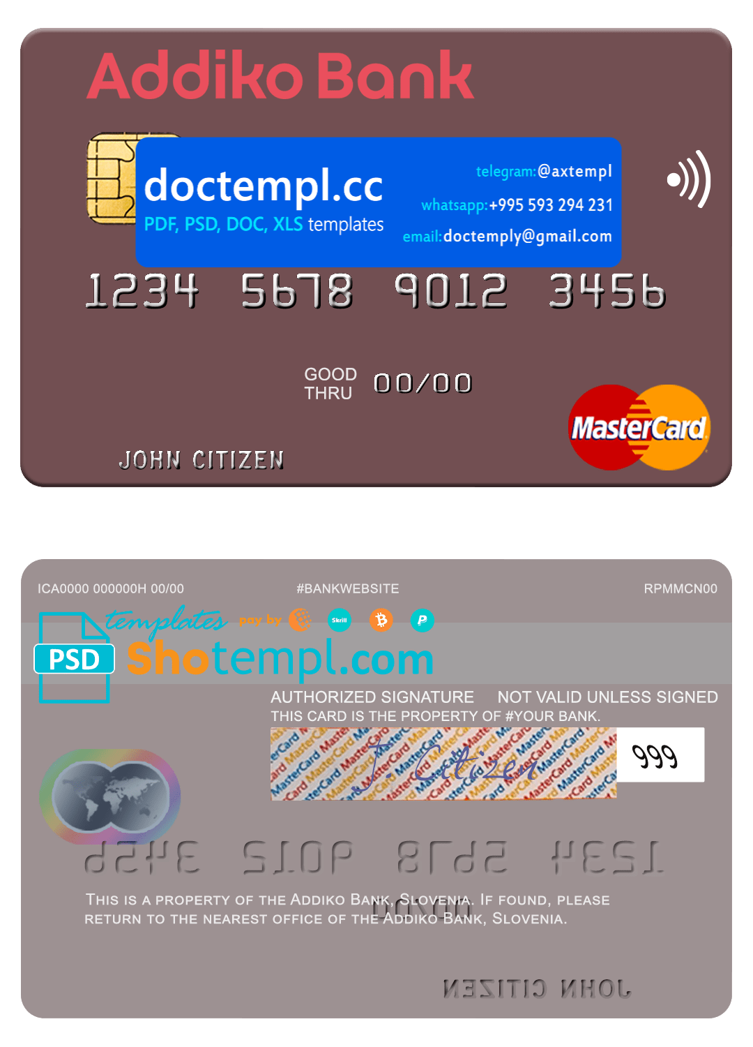 Slovenia Addiko Bank mastercard fully editable template in PSD format