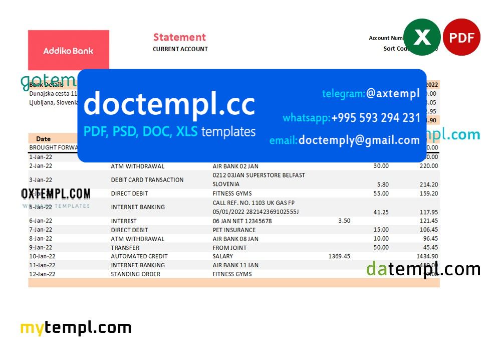 Slovenia Addiko bank statement, Excel and PDF template