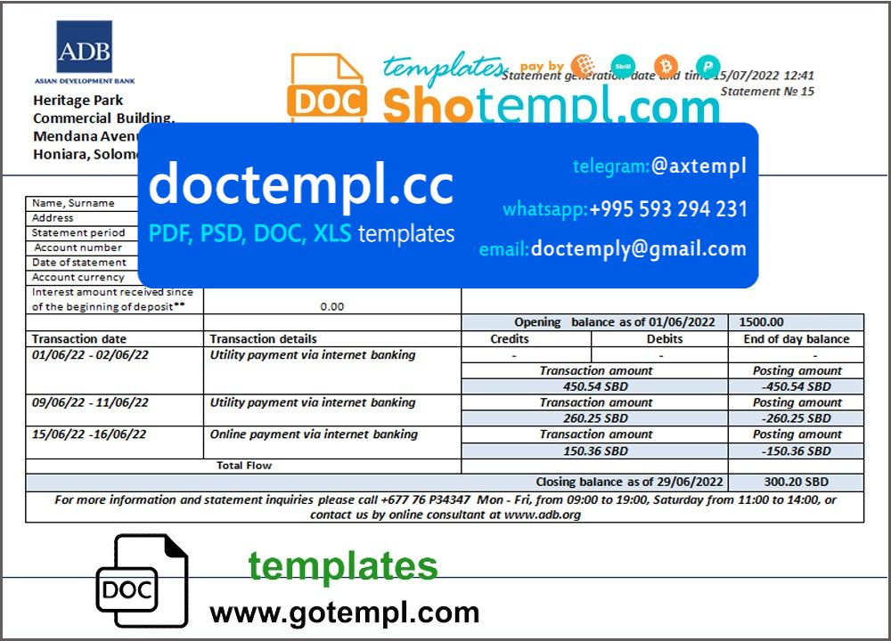 Solomon Islands ADB bank statement template in Word and PDF format