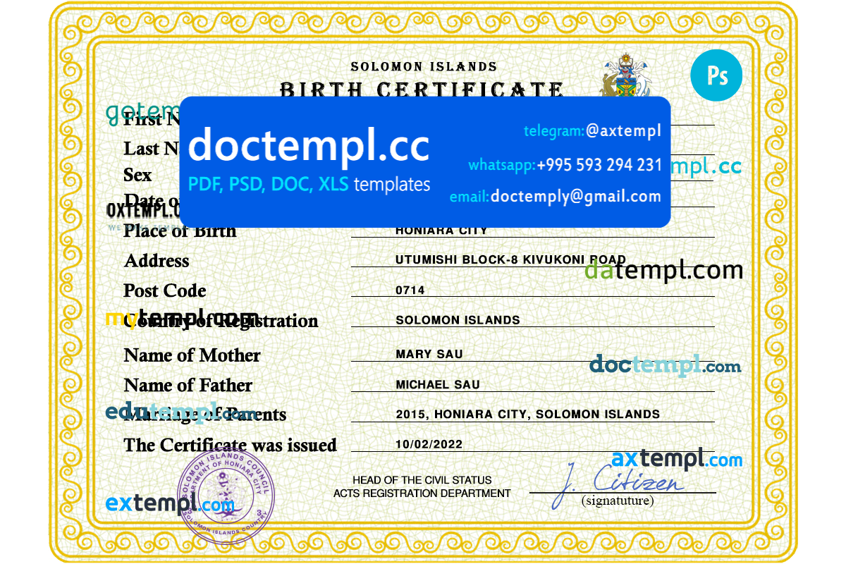 Solomon vital record birth certificate PSD template, fully editable
