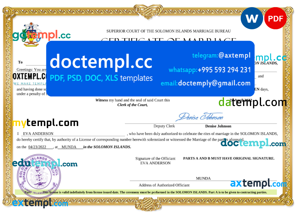 Solomon Islands marriage certificate Word and PDF template, completely ...