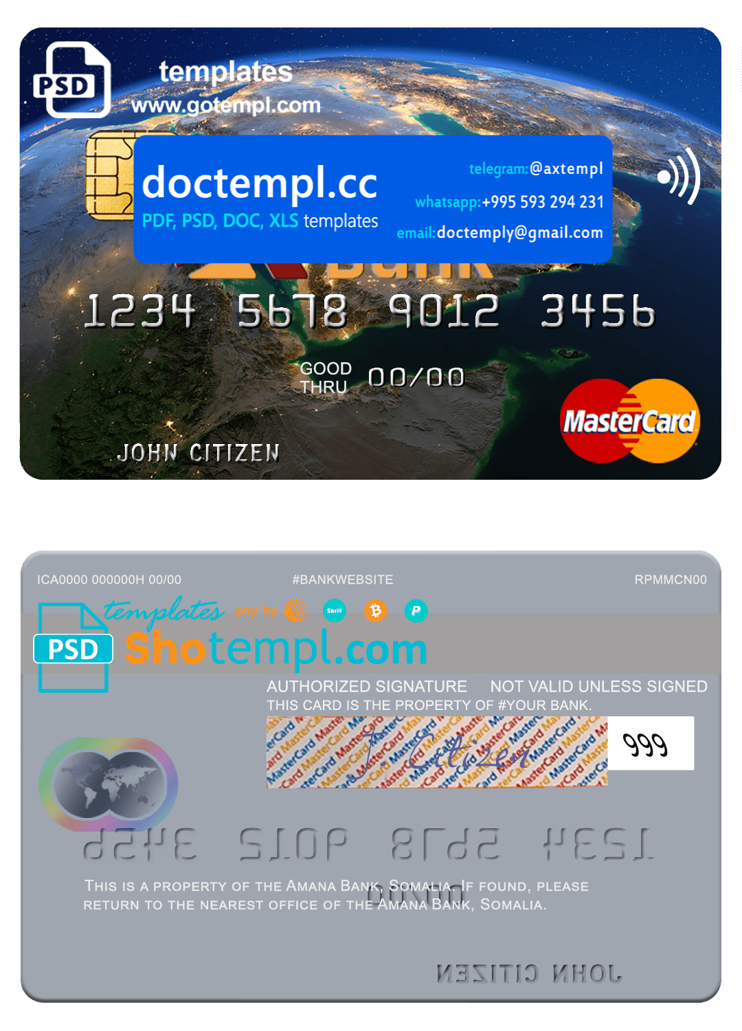 Somalia Amana Bank mastercard fully editable template in PSD format