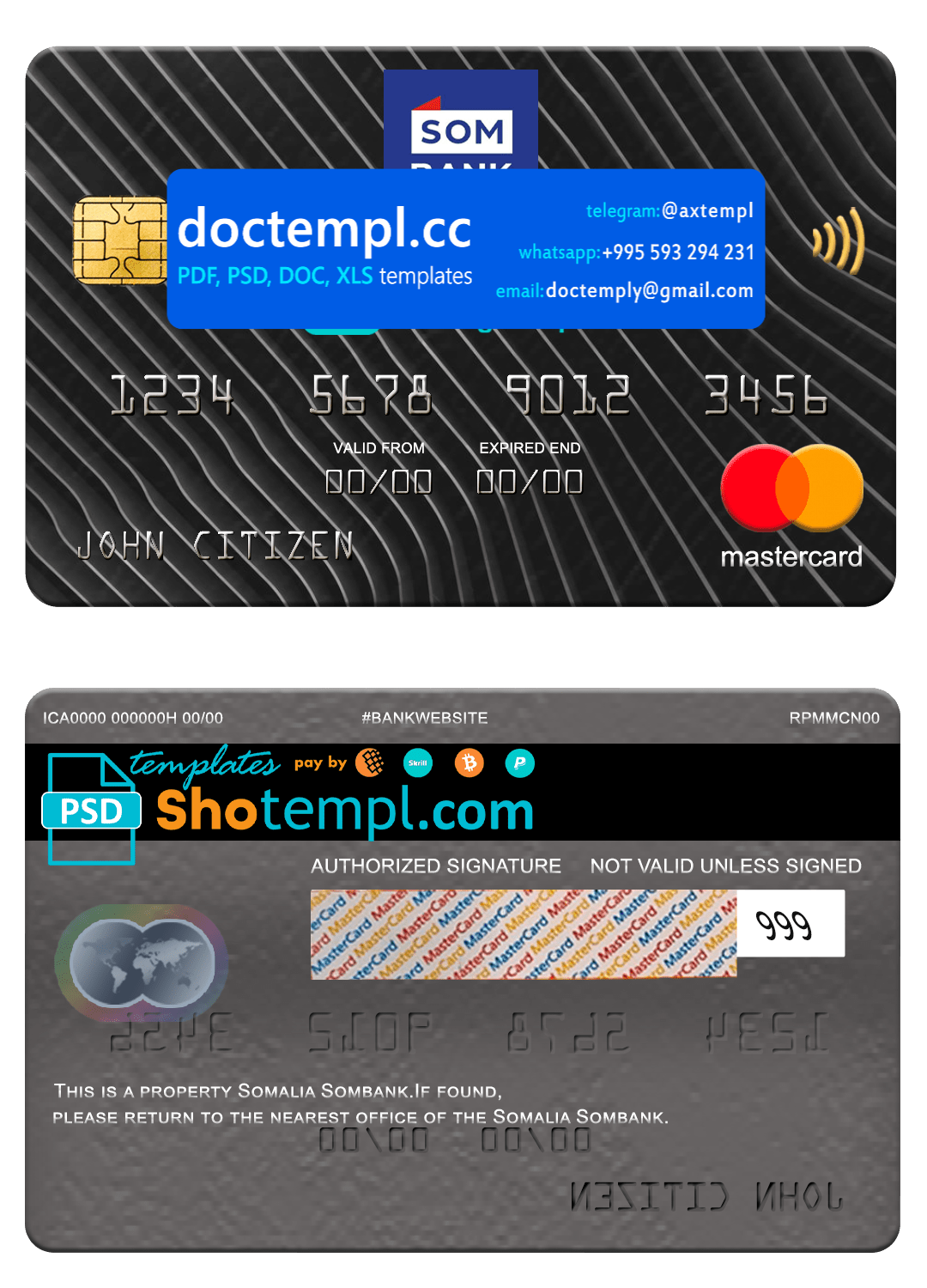 Somalia Sombank mastercard, fully editable template in PSD format