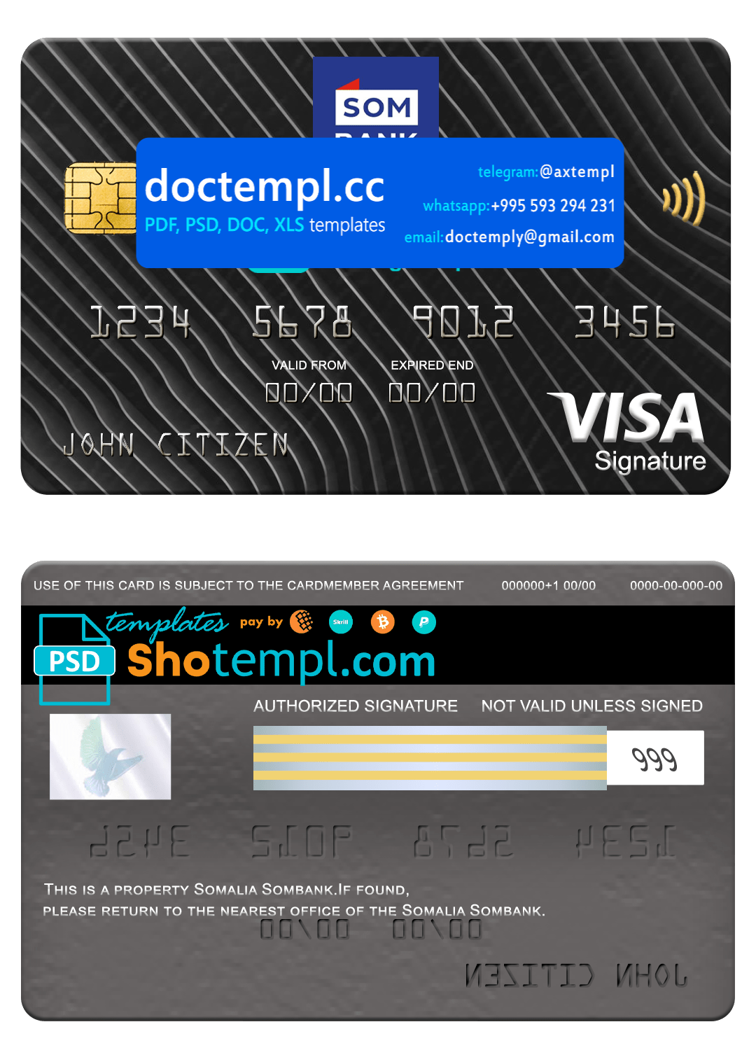 Somalia Sombank visa signature card, fully editable template in PSD format
