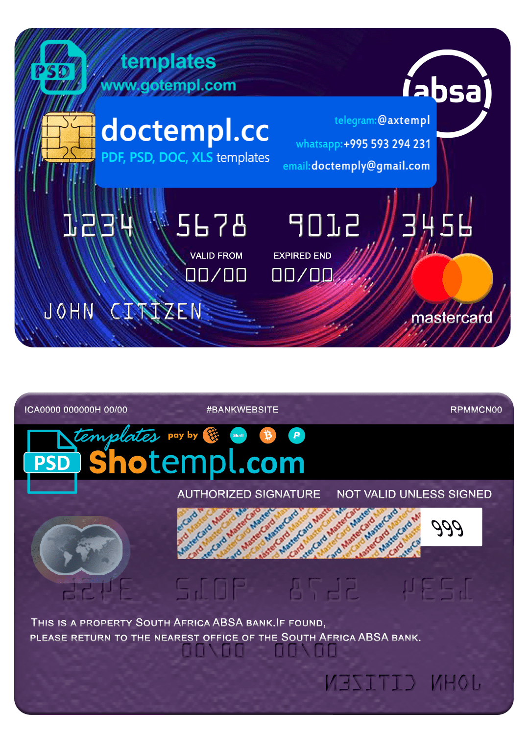 South Africa ABSA bank mastercard, fully editable template in PSD format