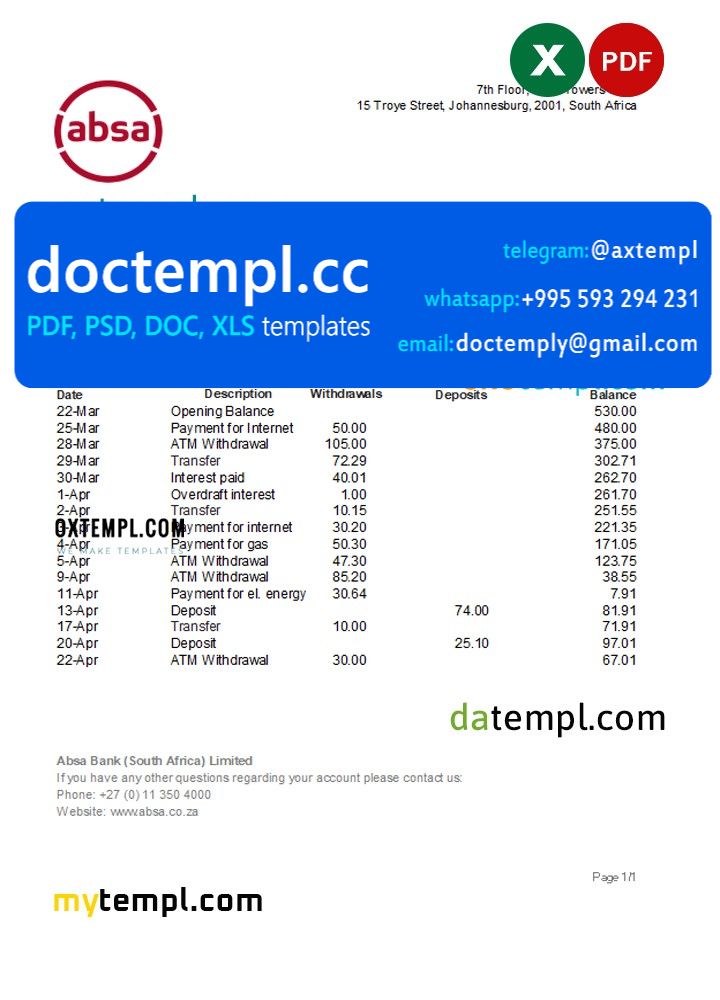 South Africa ABSA bank statement, Excel and PDF template