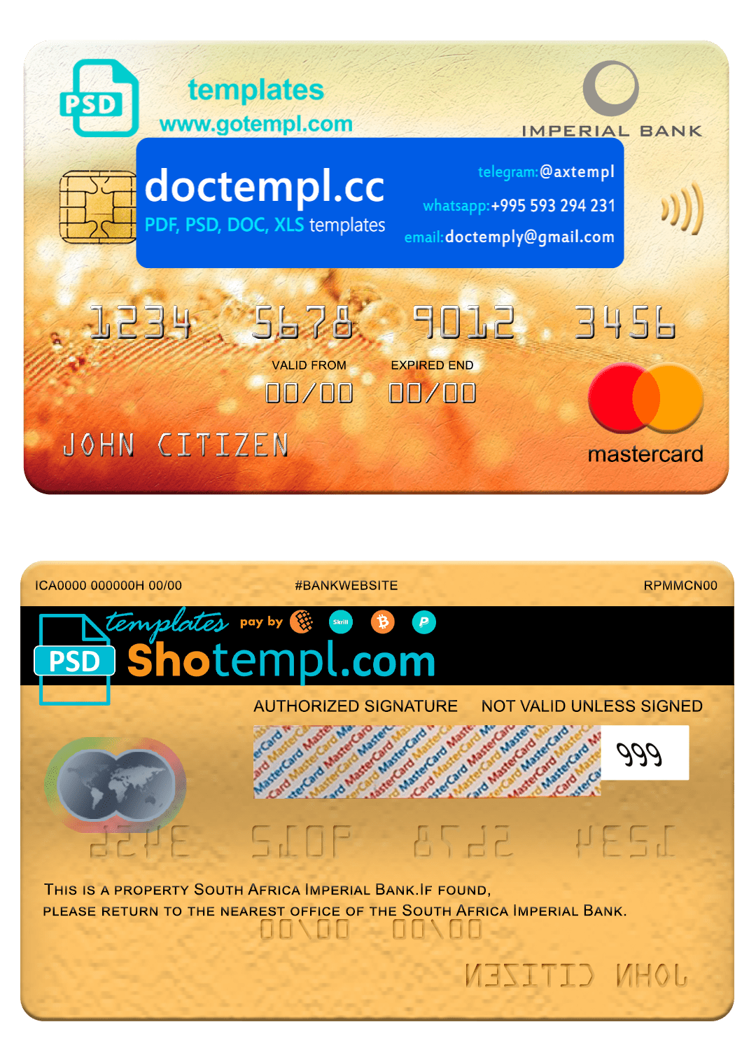 South Africa Imperial Bank mastercard, fully editable template in PSD ...