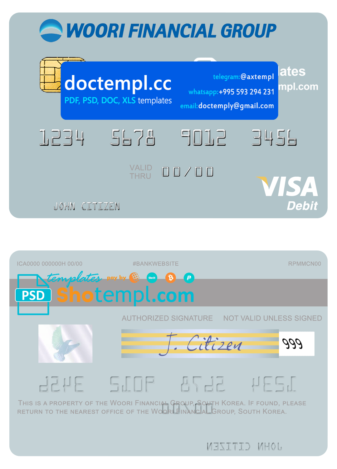 South Korea Woori Financial Group visa debit card fully editable ...