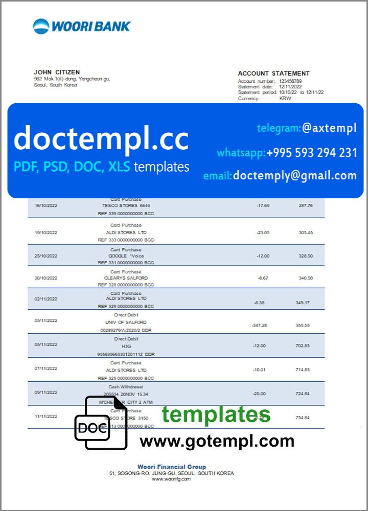 South Korea Woori bank statement template in Word and PDF format