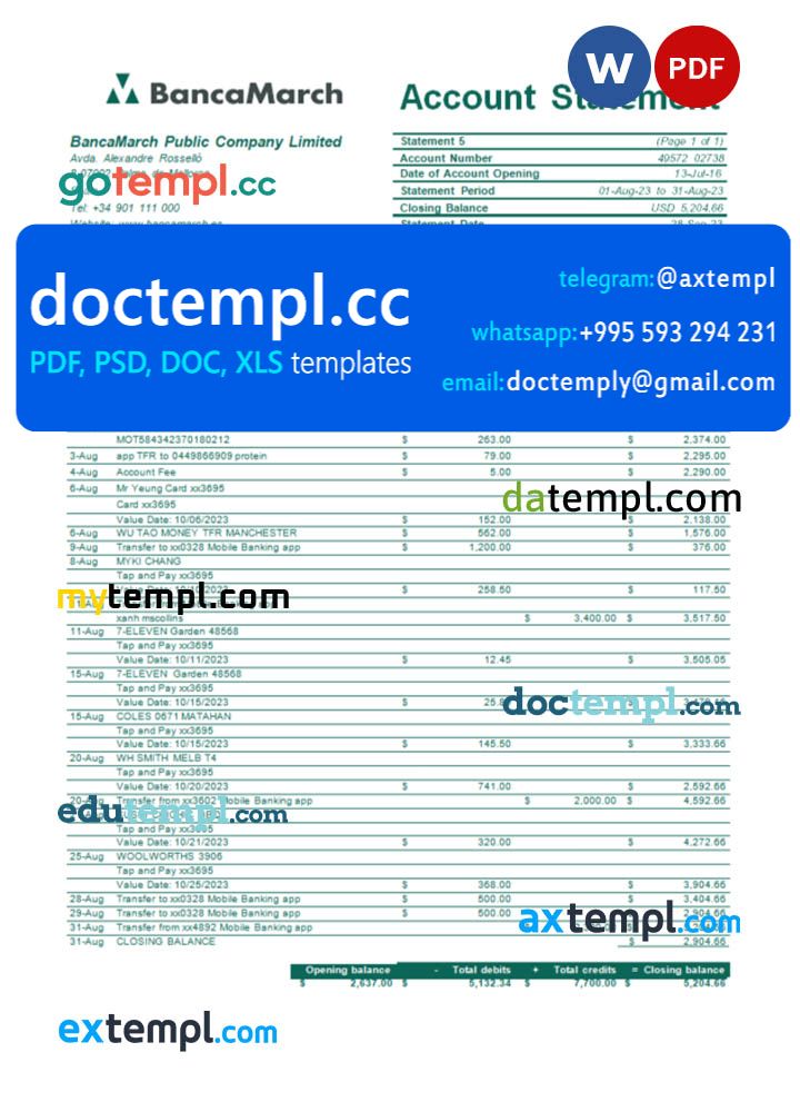 Spain BancaMarch bank statement Word and PDF template