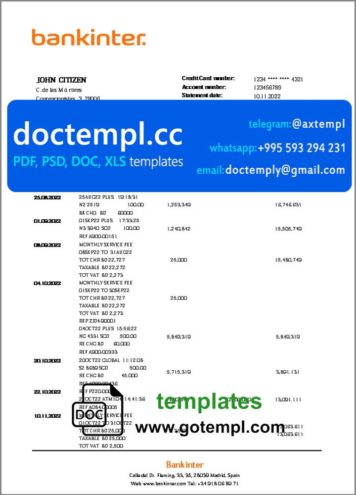 Spain Bankinter bank statement template in Word and PDF format