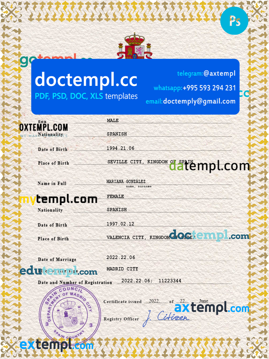 Spain marriage certificate PSD template, fully editable