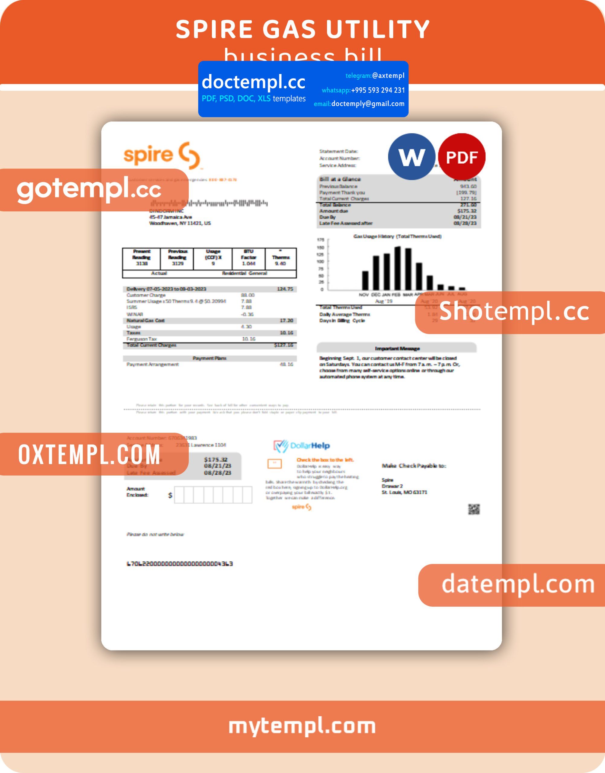 Spire gas utility business bill PDF and WORD template