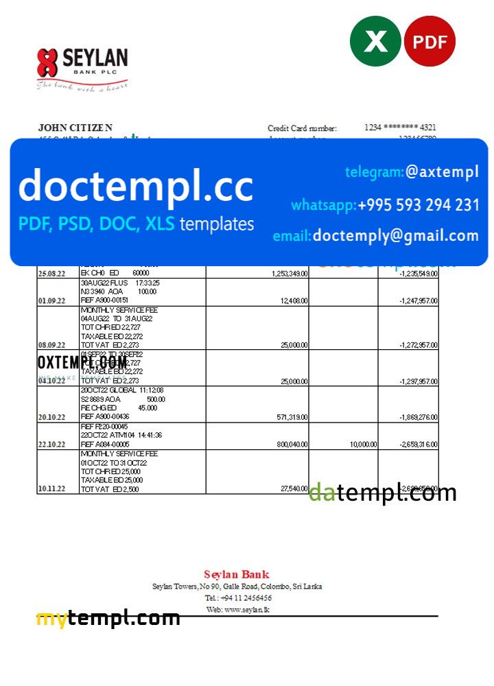 Sri Lanka Seylan bank statement, Excel and PDF template
