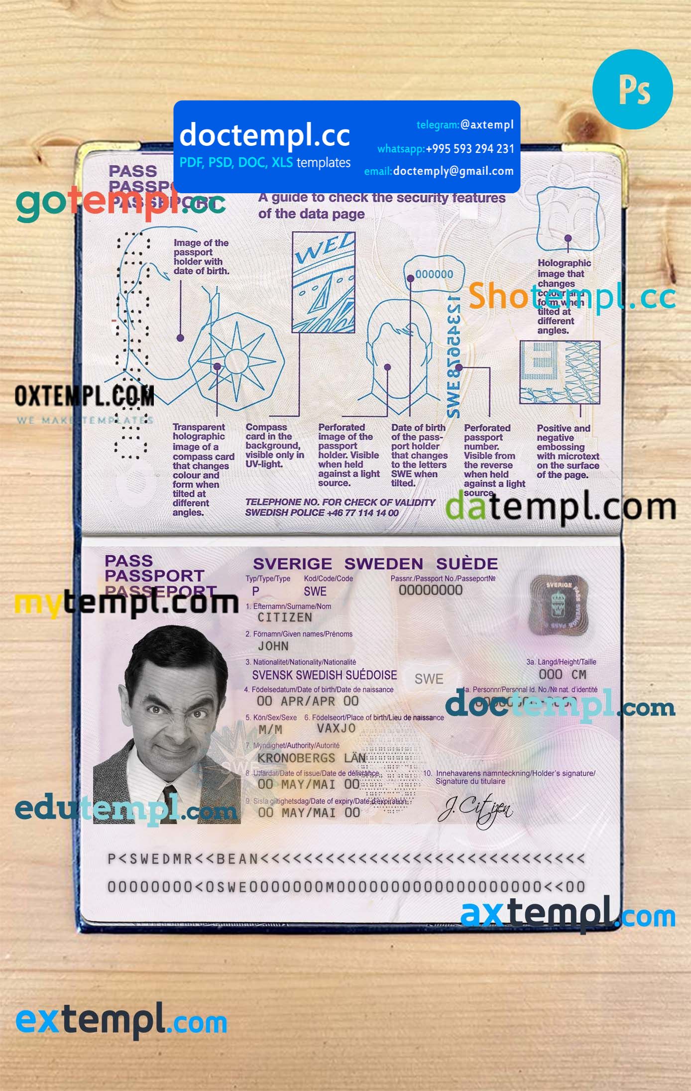 Sweden passport editable PSD files, scan and photo taken image, 2 in 1