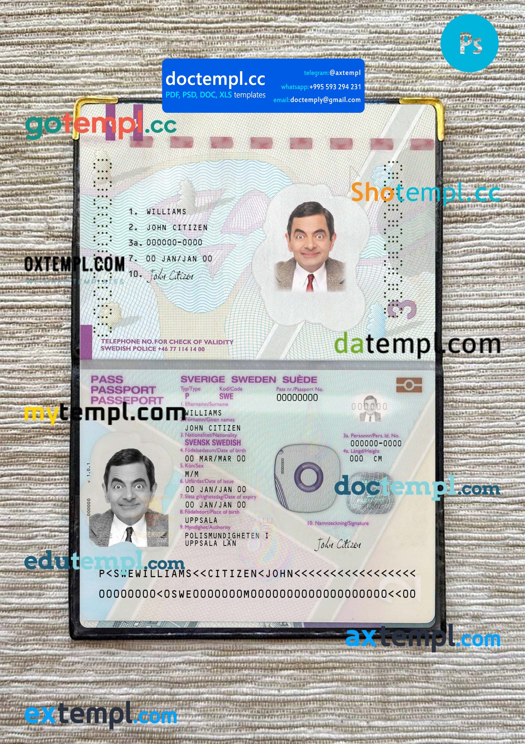 Sweden passport psd files, editable scan and snapshot sample, 2 in 1