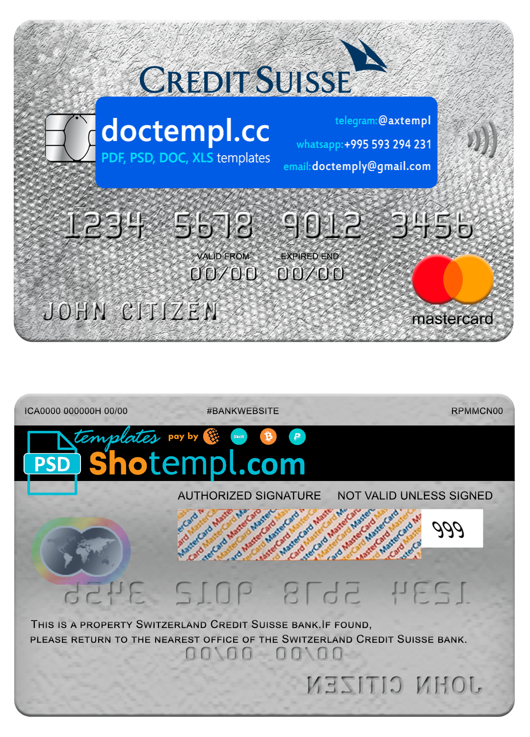 Switzerland Credit Suisse bank mastercard, fully editable template in ...
