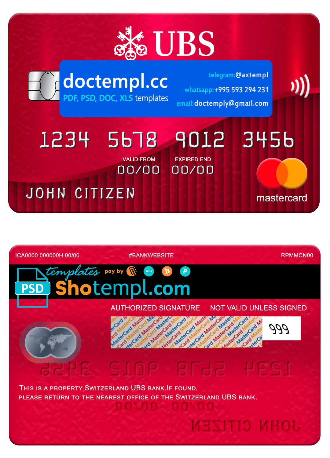 Switzerland UBS bank mastercard, fully editable template in PSD format – doctempl.cc