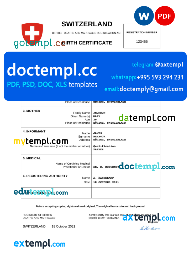 Switzerland vital record birth certificate Word and PDF template ...
