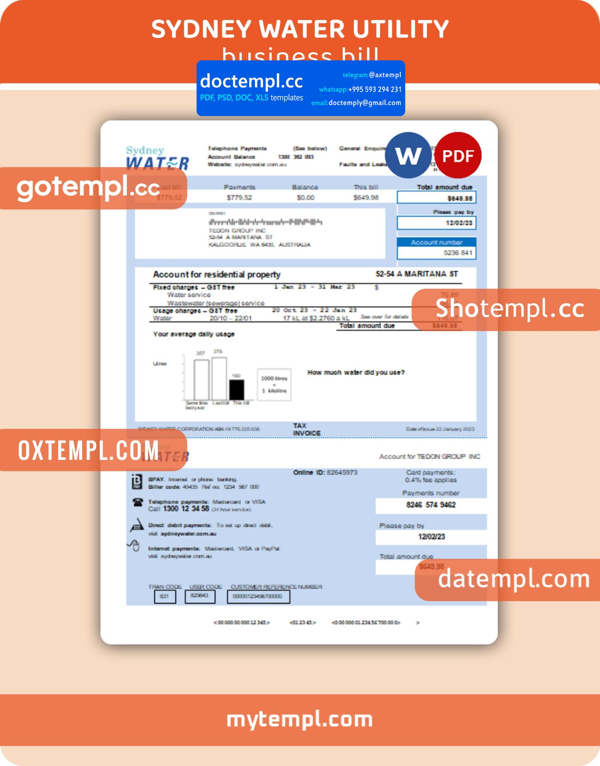 Sydney Wate business utility bill, Word and PDF template, 4 pages ...