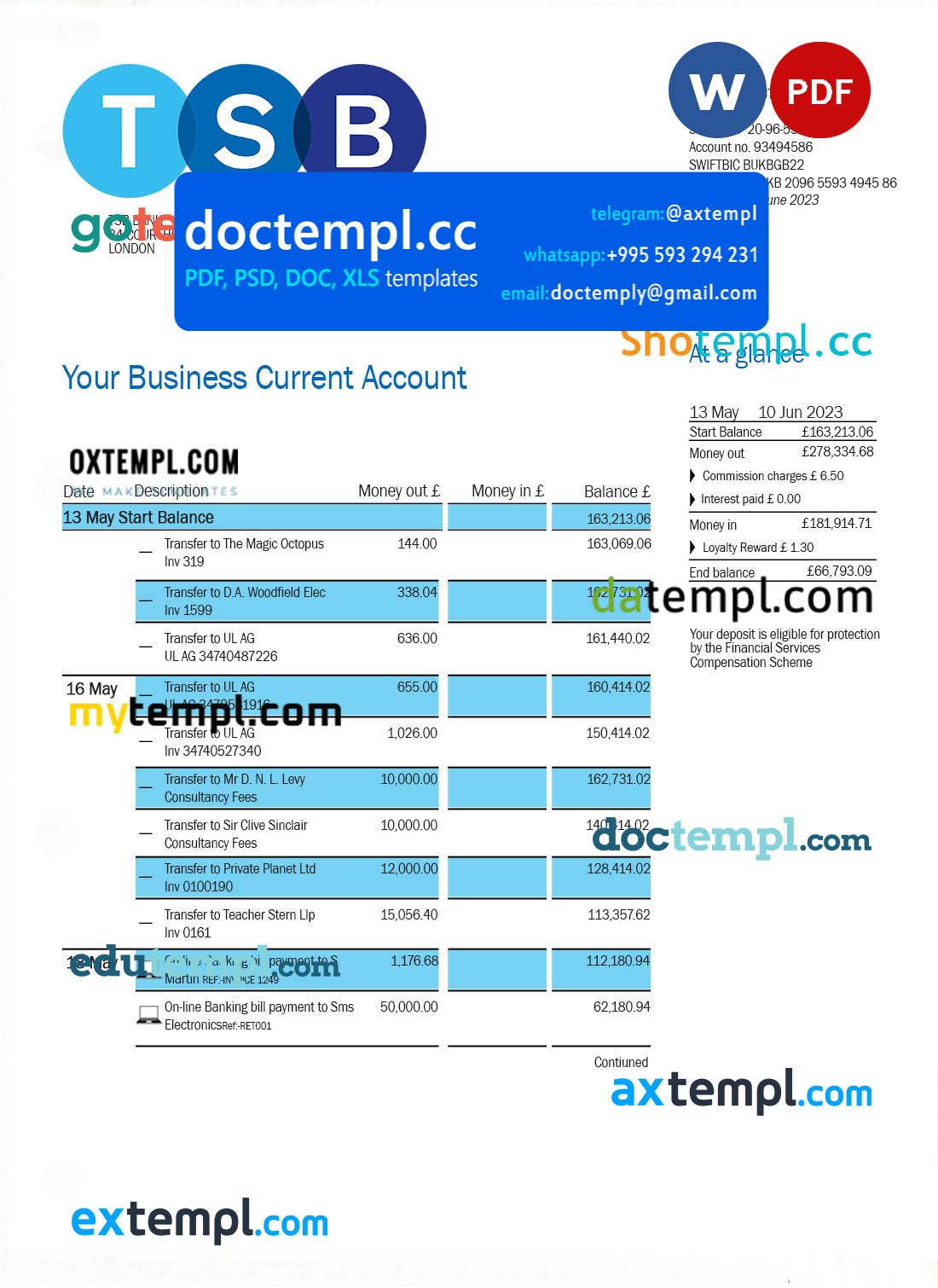 TSB Bank firm account statement Word and PDF template