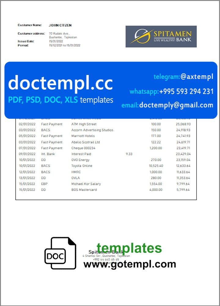 Tajikistan Spitamen Bank statement template in Word and PDF format