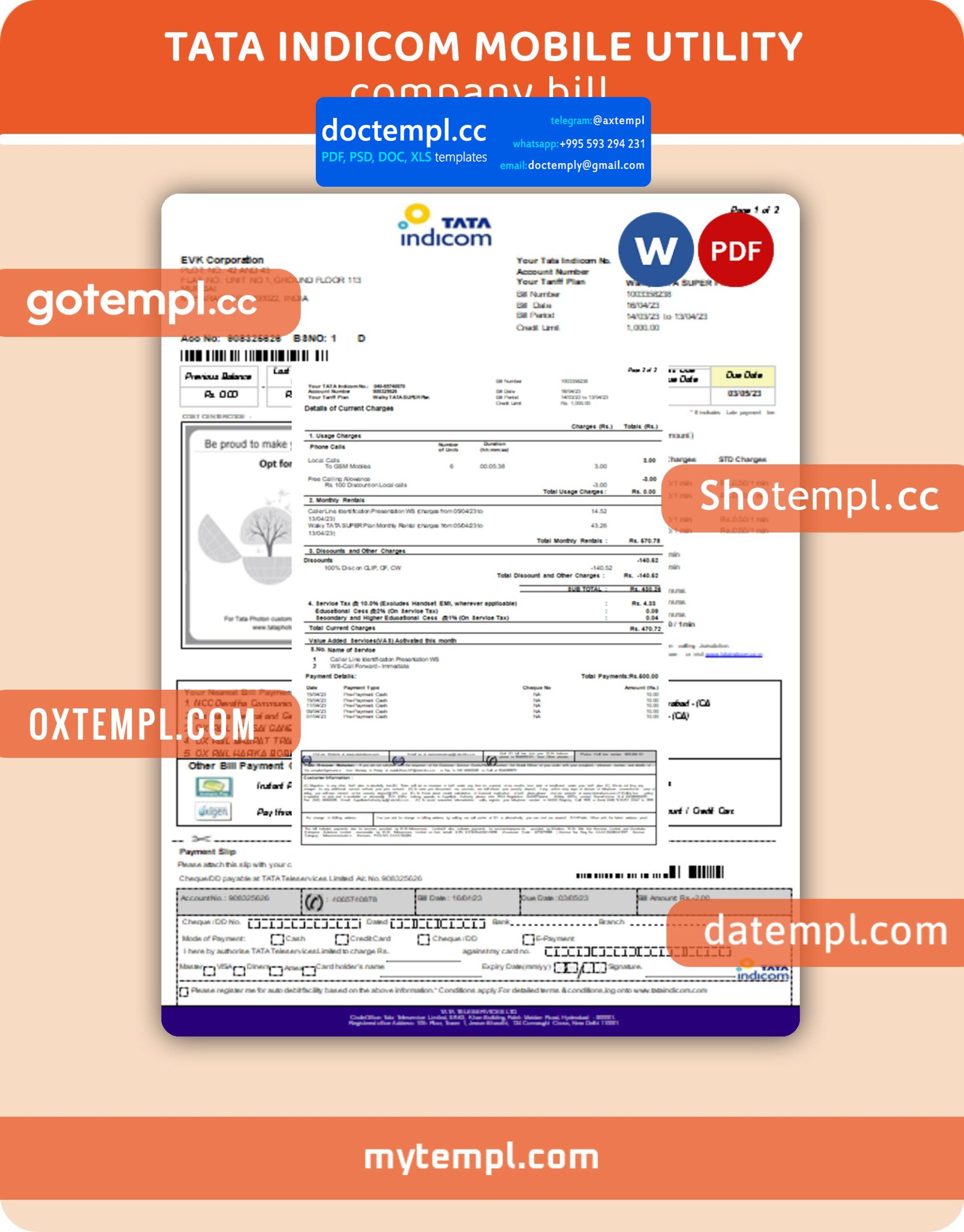 Tata Indicom mobile business utility bill, Word and PDF template