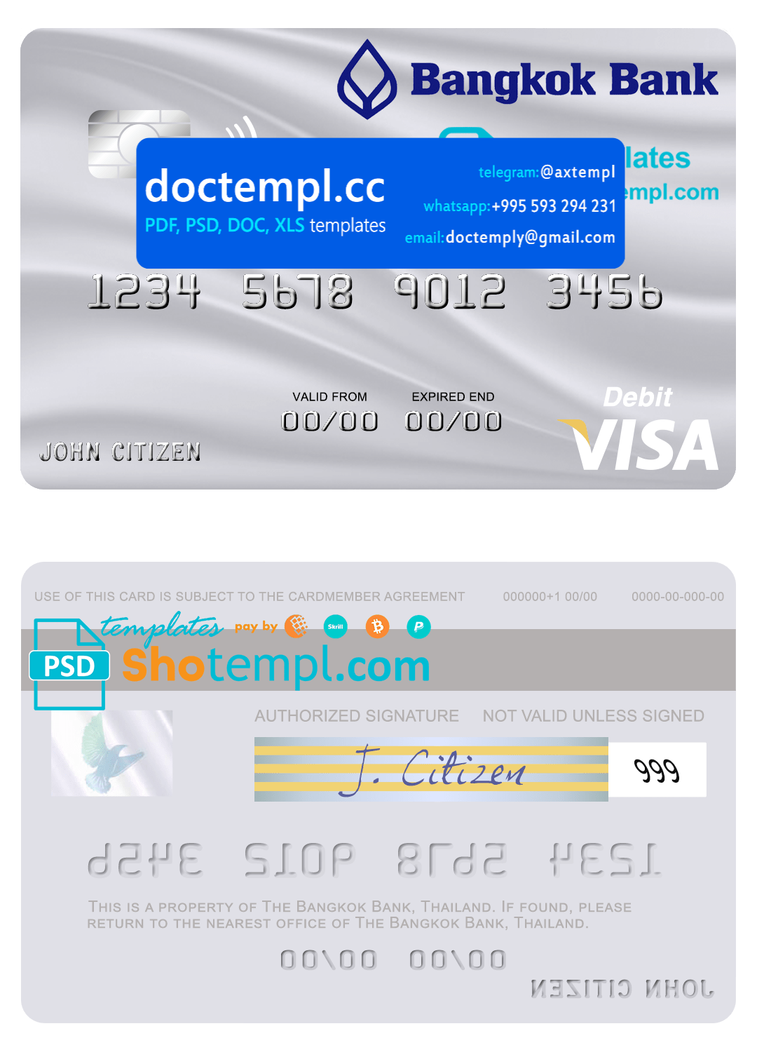 Thailand Bangkok Bank visa card fully editable template in PSD format ...