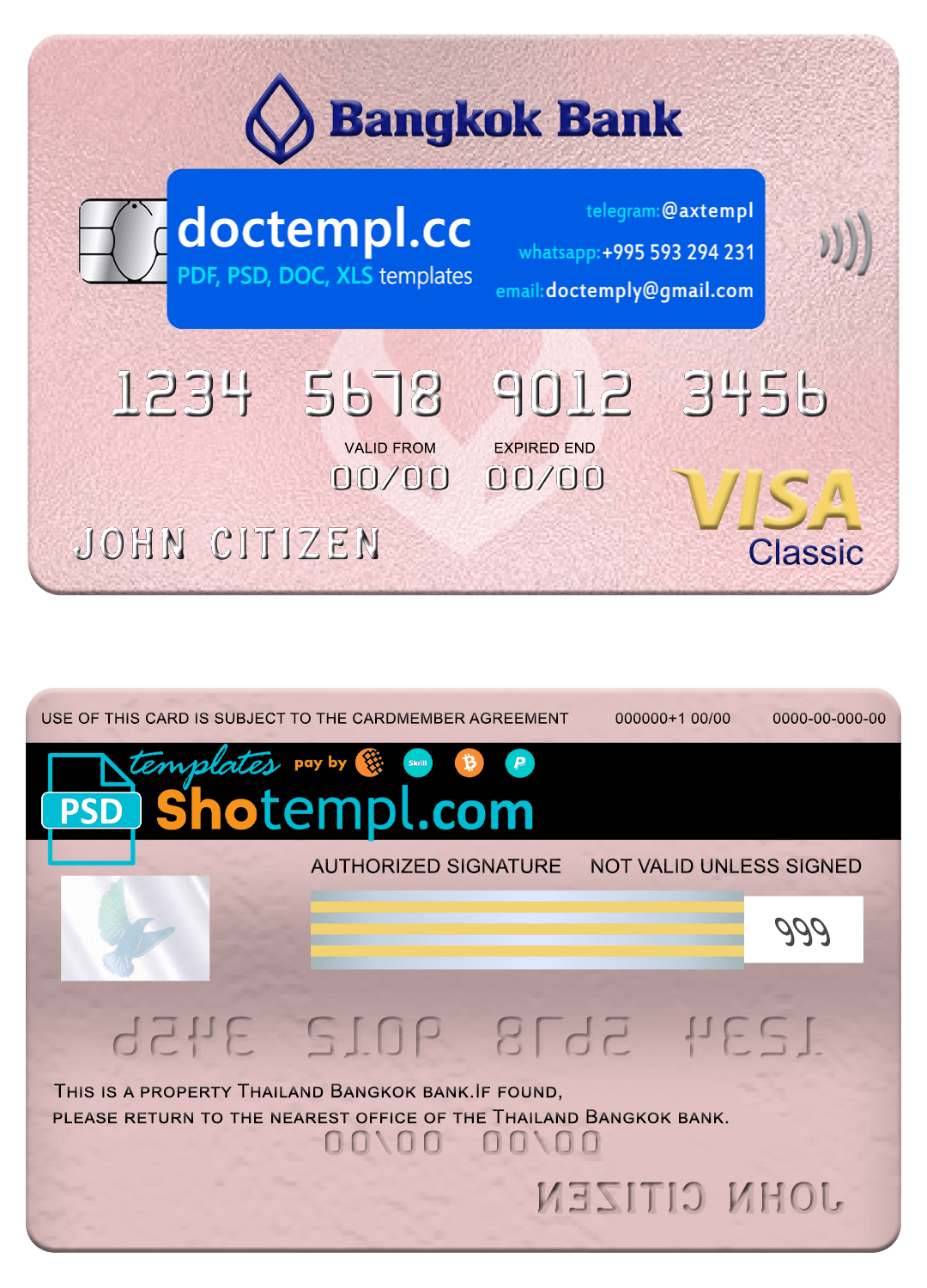 Thailand Bangkok bank visa classic card, fully editable template in PSD ...