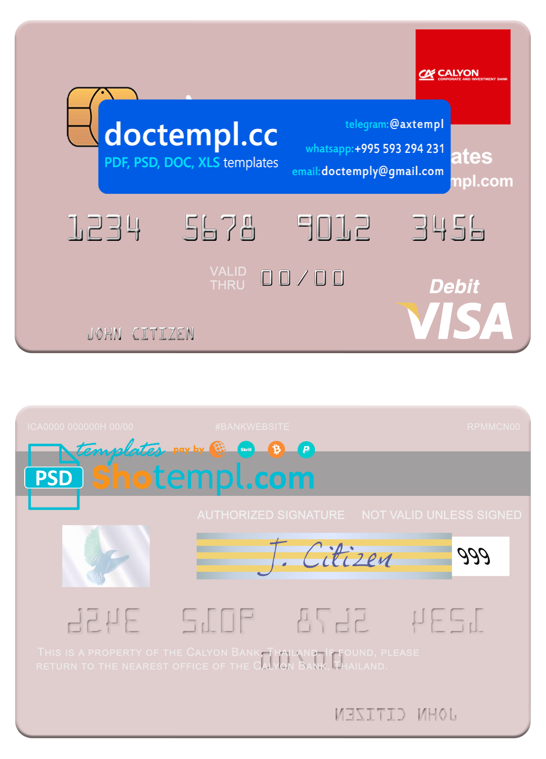 Thailand Calyon Bank visa card fully editable template in PSD format