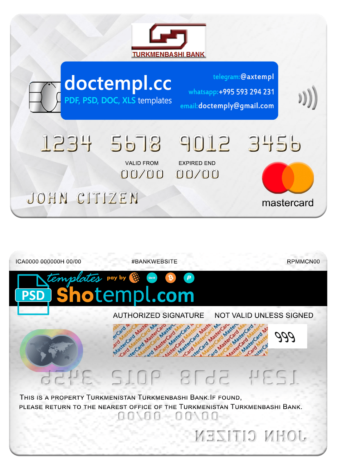 Turkmenistan Turkmenbashi Bank mastercard, fully editable template in ...