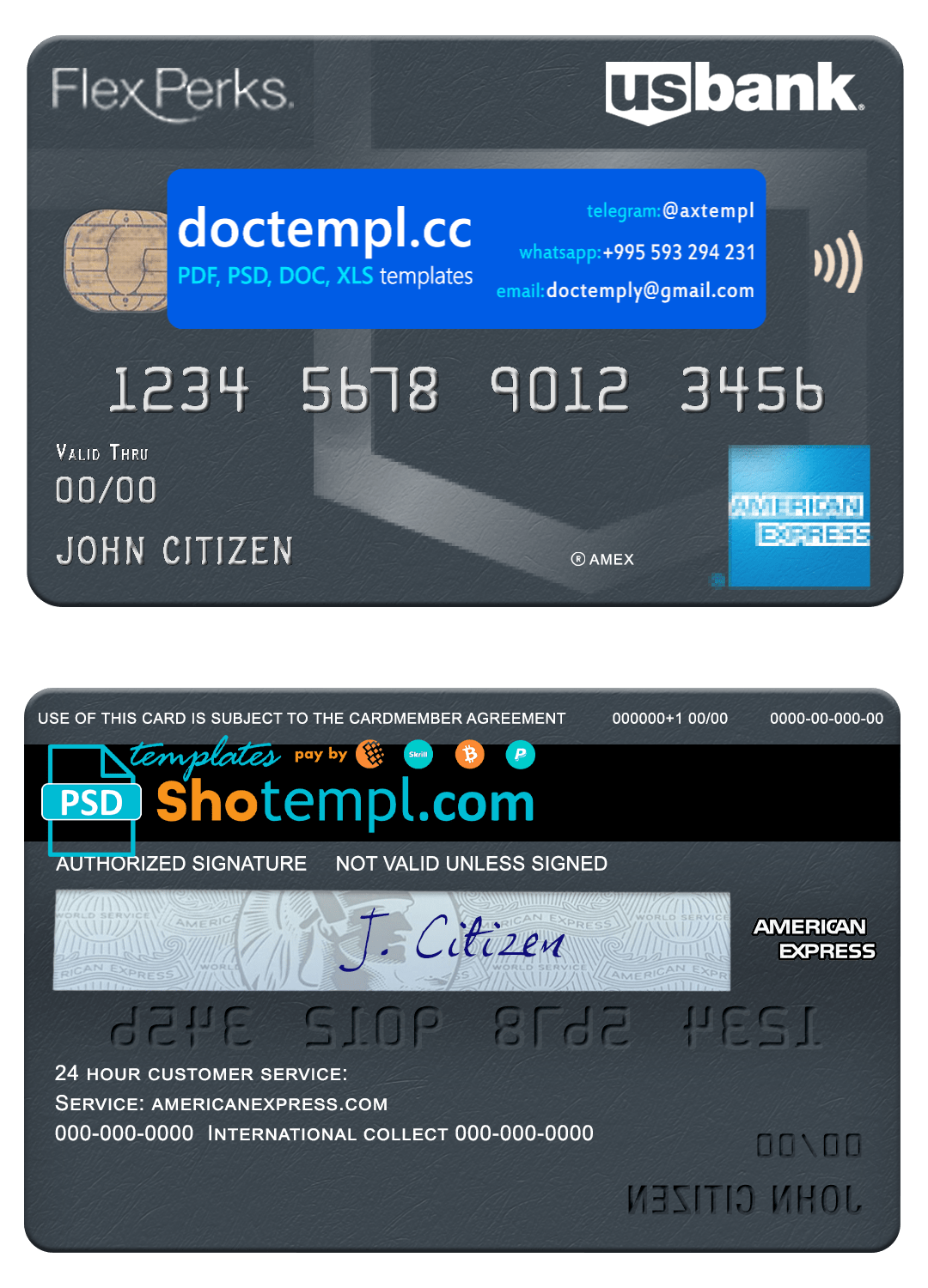 USA U.S. bank FlexPerks Reserve Amex card template in PSD format, fully ...