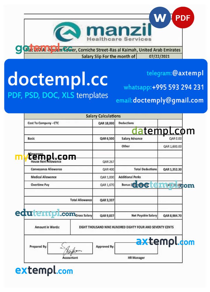 UAE MANZIL Healthcare Services salary slip template in Word and PDF formats