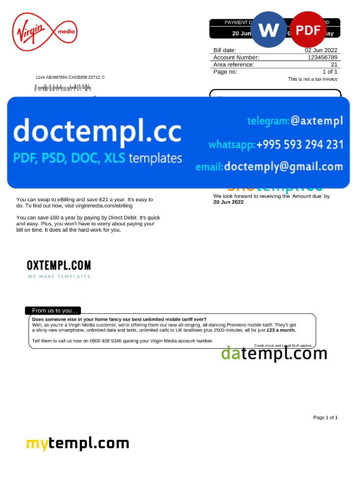 United Kingdom Virigin Media utility bill, Word and PDF template