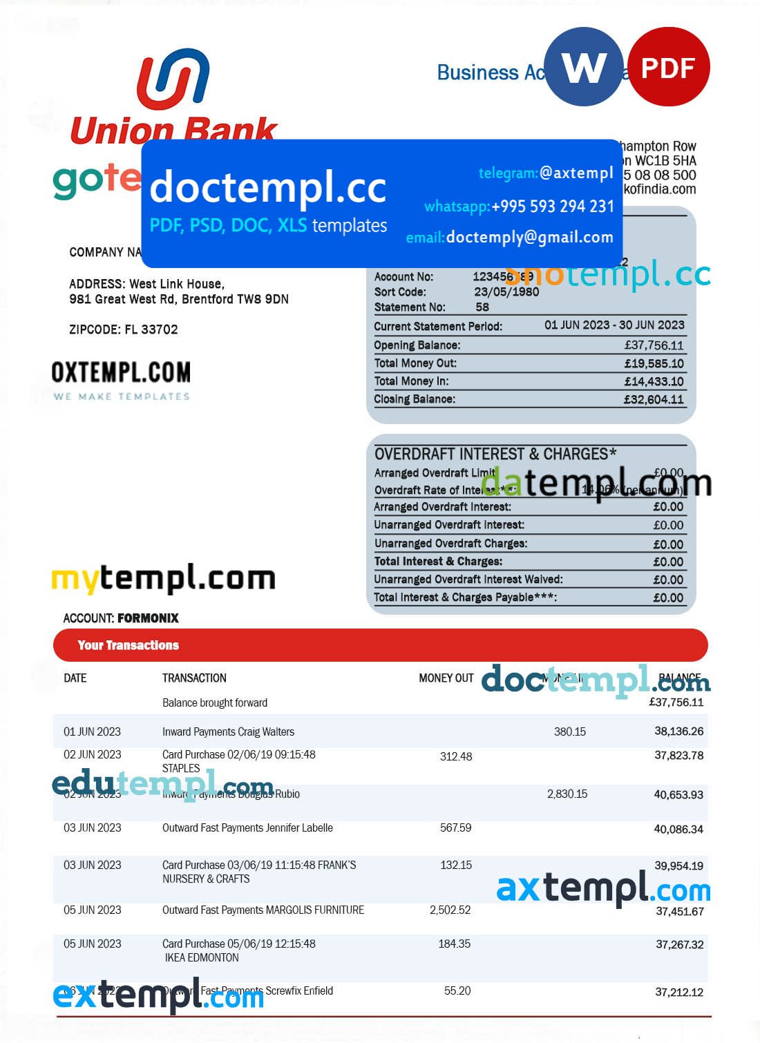 Union Bank of India business statement Word and PDF template