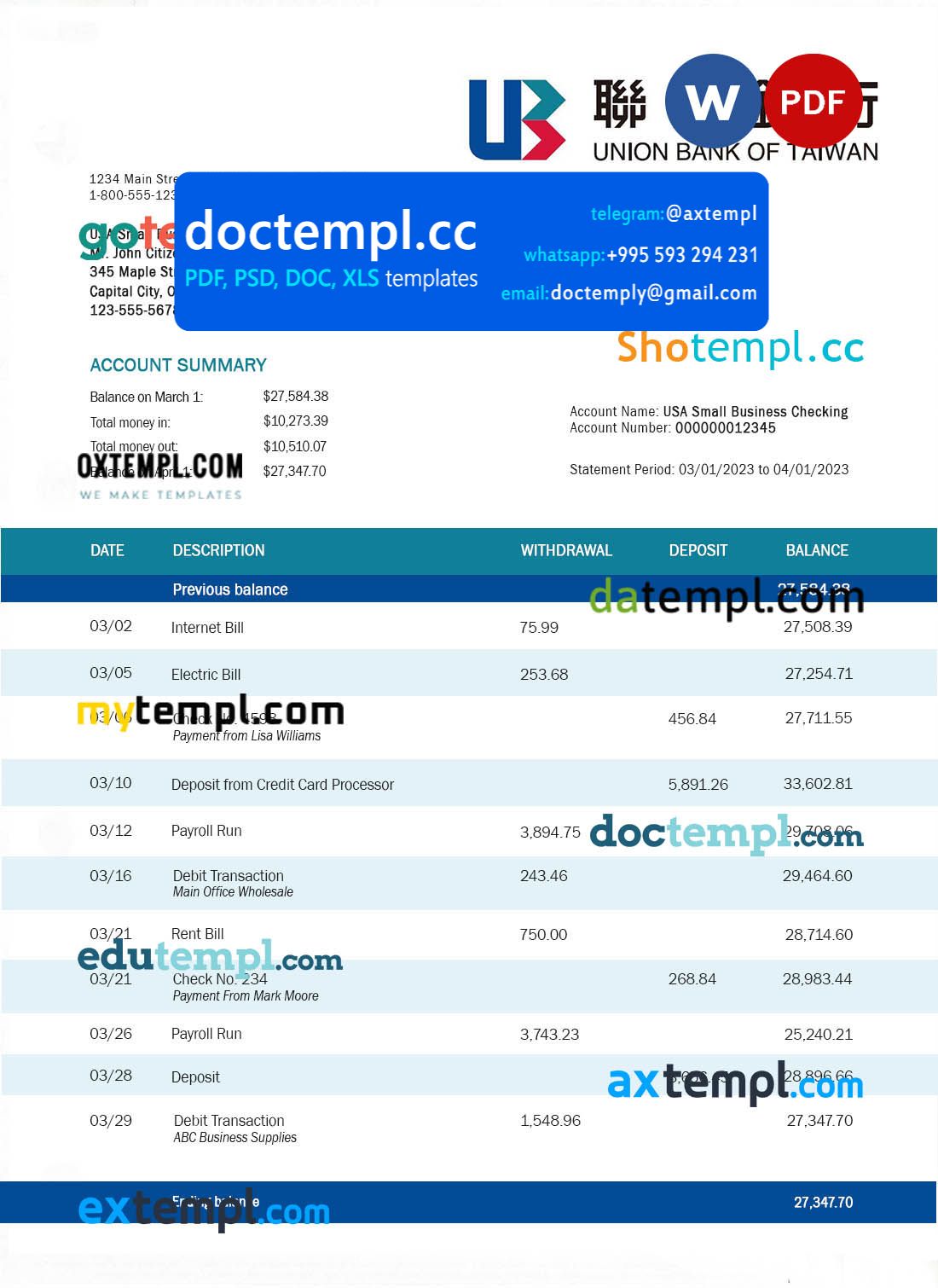 Union Bank of Taiwan company account statement Word and PDF template