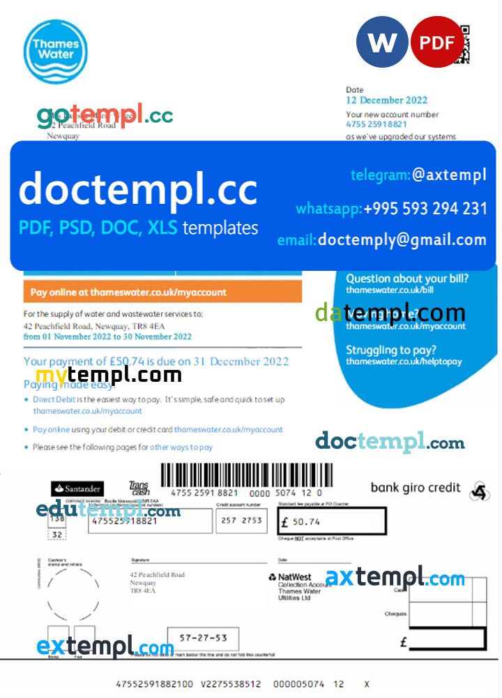 United Kingdom Thames Water utility bill Word and PDF template