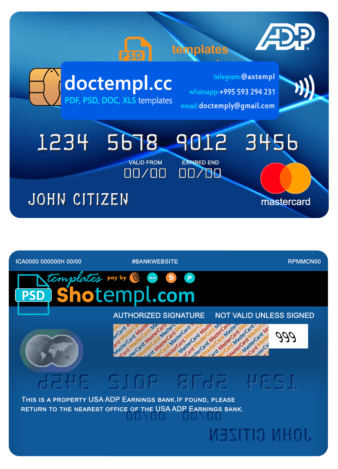 USA ADP Earnings bank mastercard fully editable template in PSD format