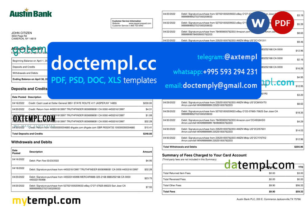 USA Austin bank statement, Word and PDF template, 2 pages
