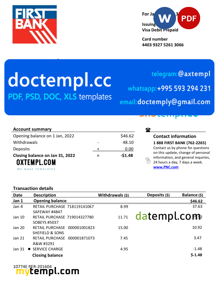 USA Bay First bank statement, Word and PDF template, 2 pages, version 2 ...