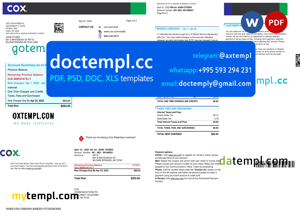 USA COX digital cable television utility bill, Word and PDF template, 2 ...