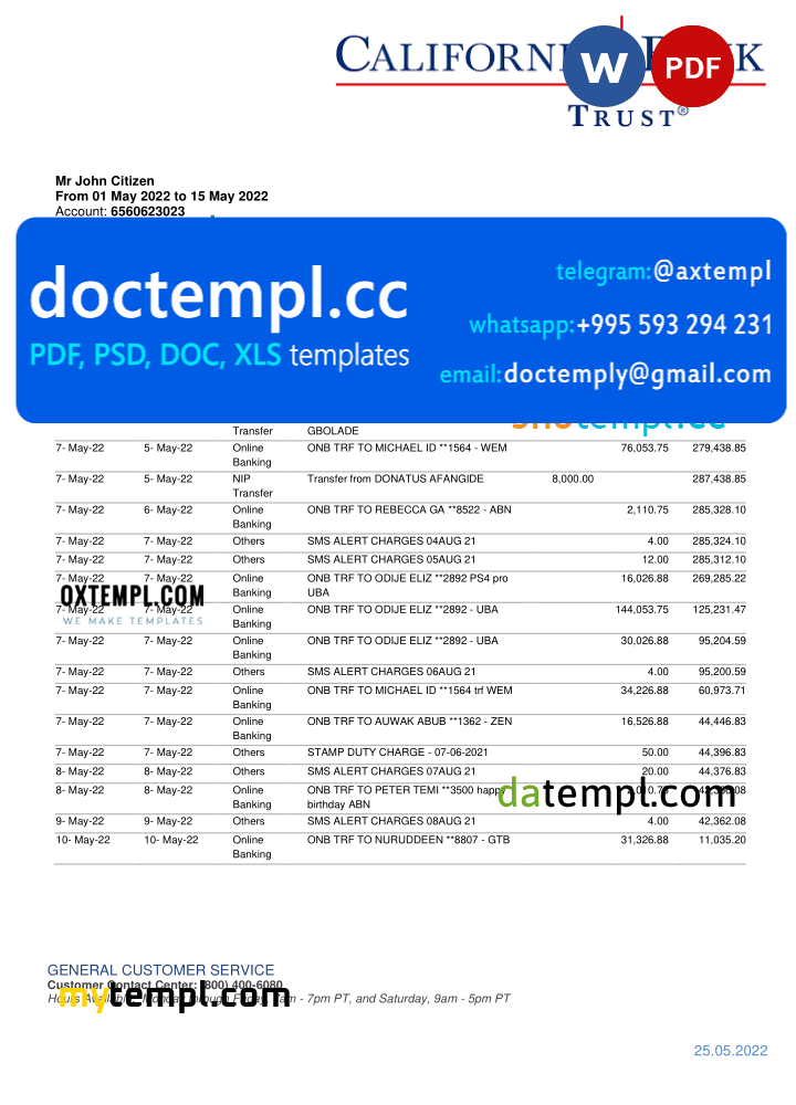 USA California Bank Trust bank statement, Word and PDF template