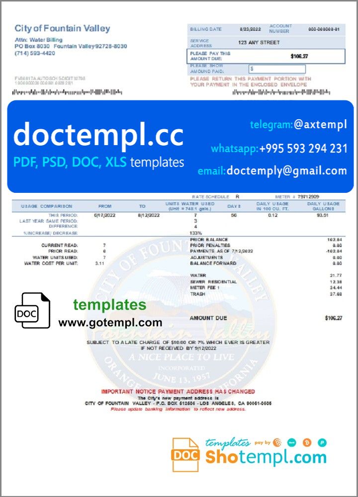 USA California City of Fountain Valley utility bill template in Word ...