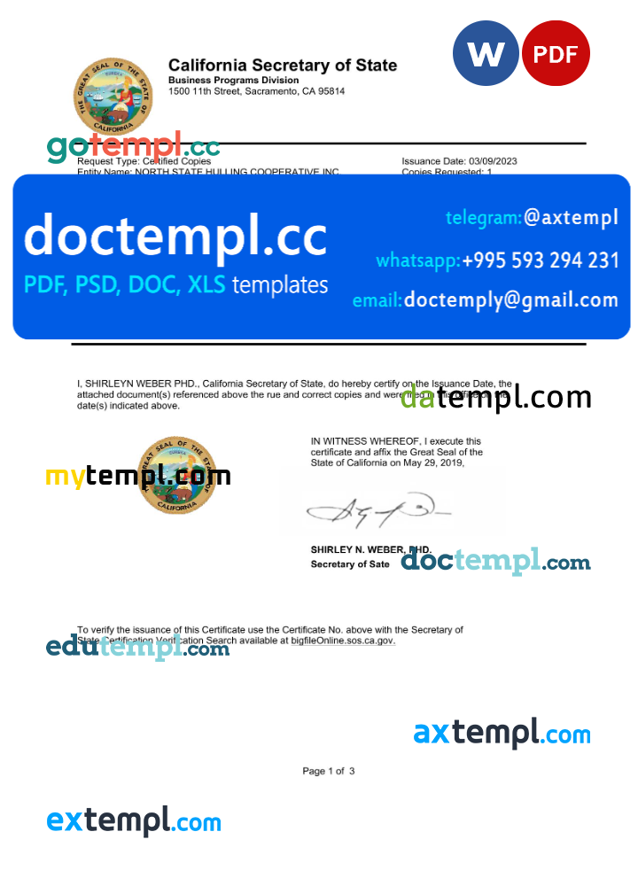 USA California State Document Autentication certificate Word and PDF