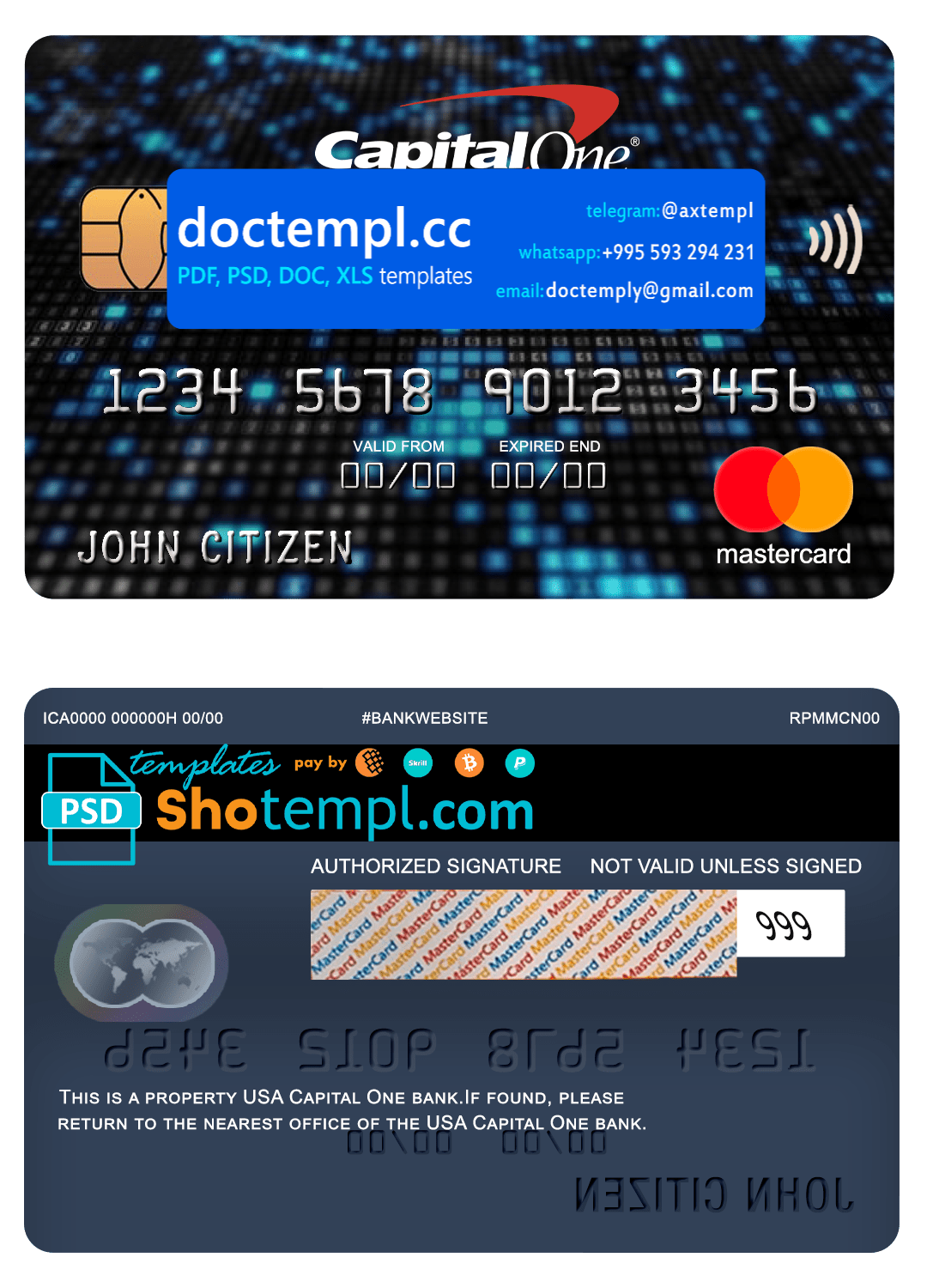 USA Capital One bank mastercard fully editable template in PSD format