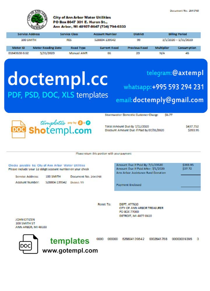 USA Michigan City of Ann Arbor Water Utilities bill template in Word ...