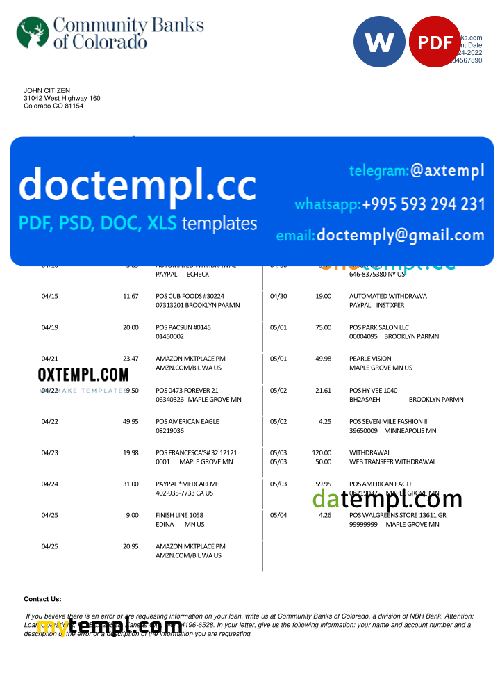 USA Community Banks of Colorado bank statement Word and PDF template