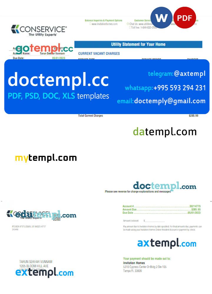 USA FLORIDA CONSERVICE utility bill Word and PDF template