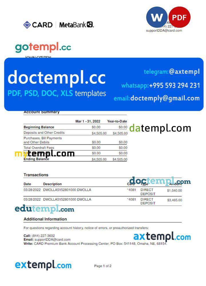 USA META BANK card statement Word and PDF template
